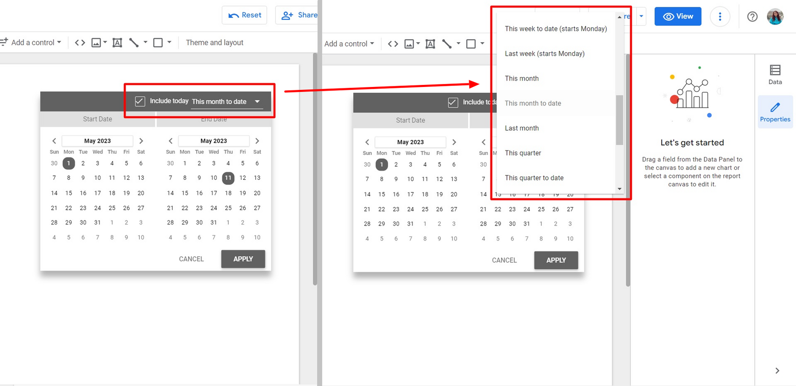 How to use the menu and controls in Looker Studio