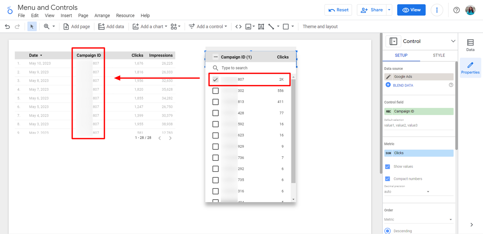 How to use the menu and controls in Looker Studio