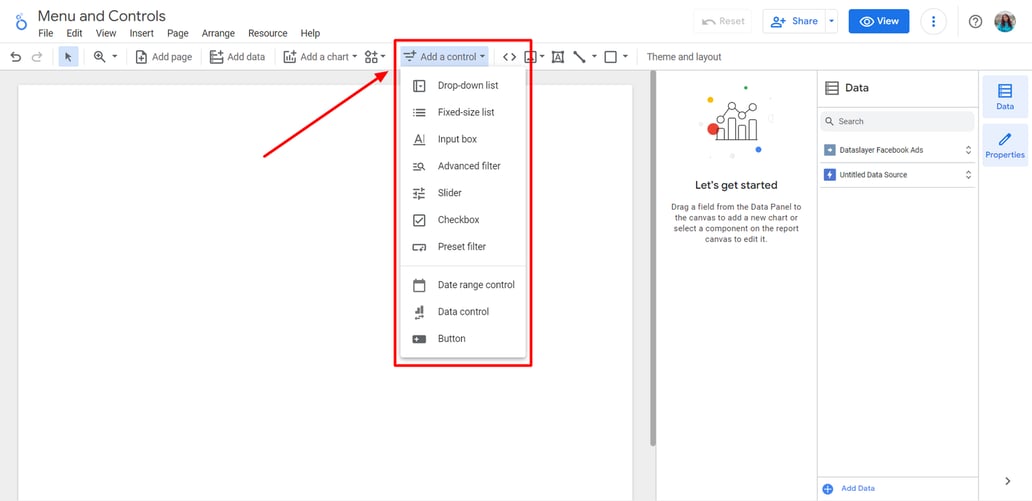 How to use the menu and controls in Looker Studio